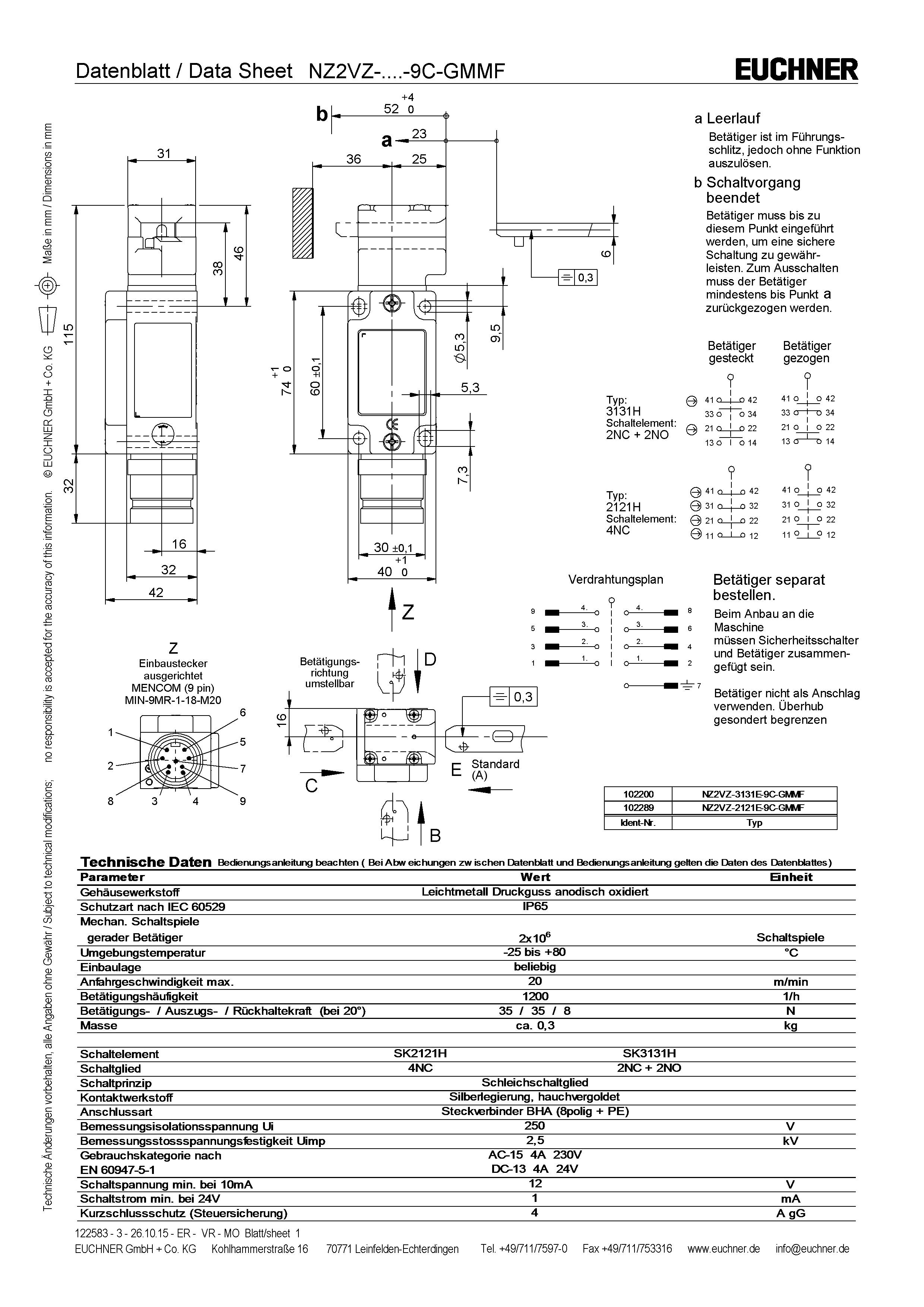 NZ2VZ-2121E-9C-GMMF (订货号 102289) | EUCHNER